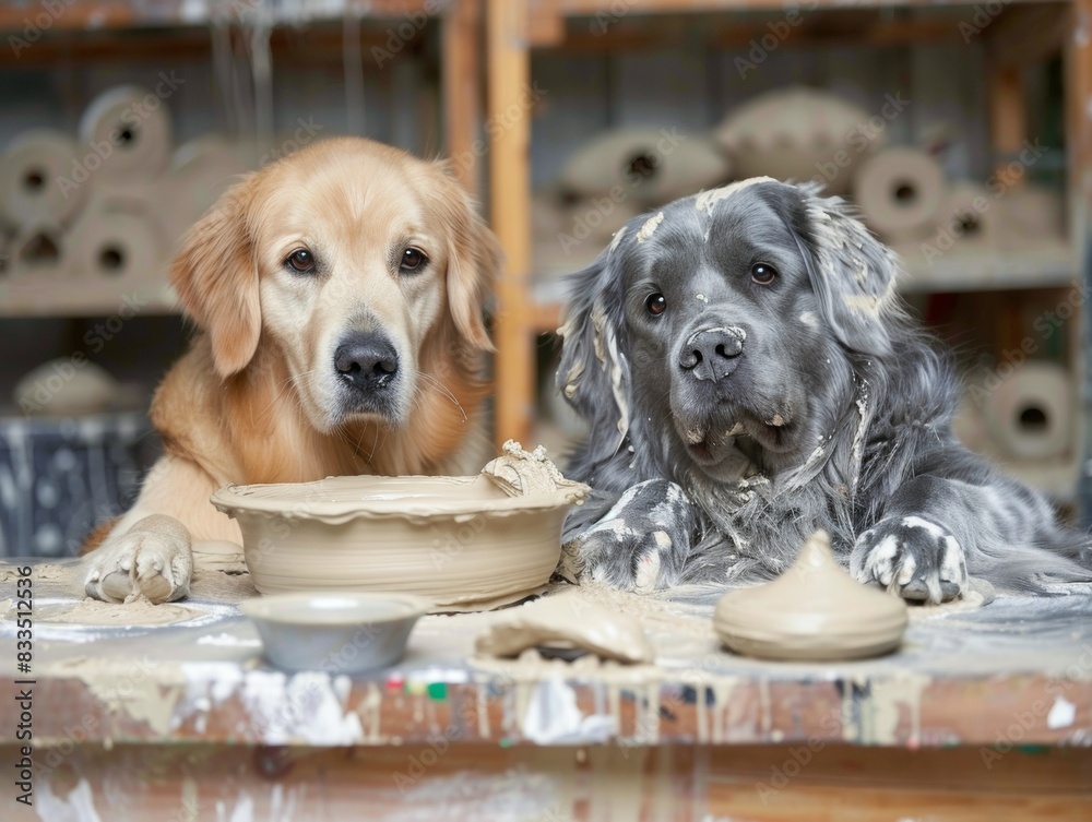 At a local pottery class a Golden retriever and blue Maine Coon try ...