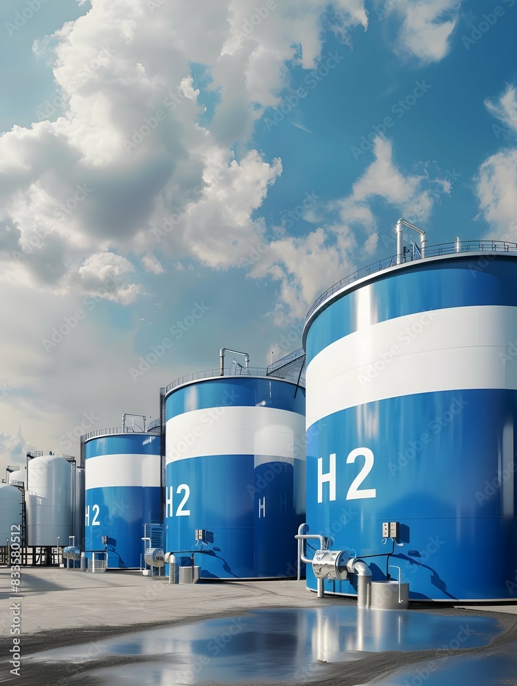 Large storage tanks with H2 and HYDROGEN labels on a blue sky ...