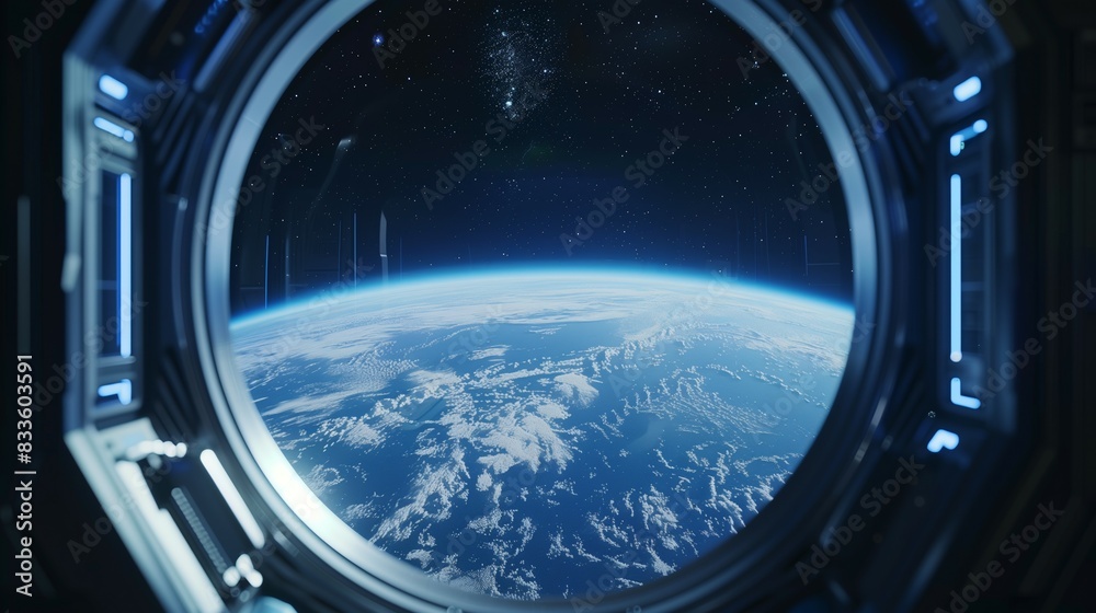 spaceship window with sunrise over planet view, space station porthole ...