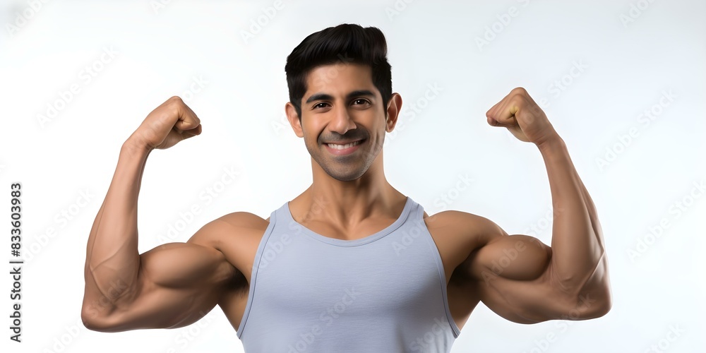 Indian man flexing muscles against white background. Concept Portrait ...