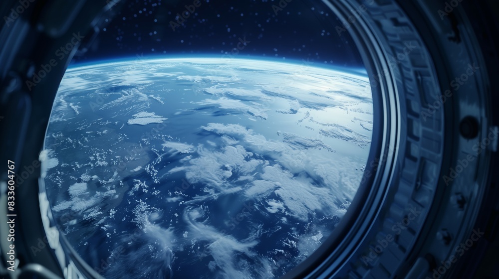 spaceship window with sunrise over planet view, space station porthole ...