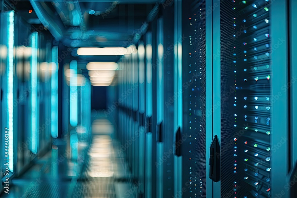 A modern data center featuring rows of server racks with illuminated lights, showcasing advanced ...