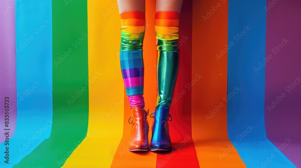 The concept of Pride day magazine woman leg shot in front of rainbow ...