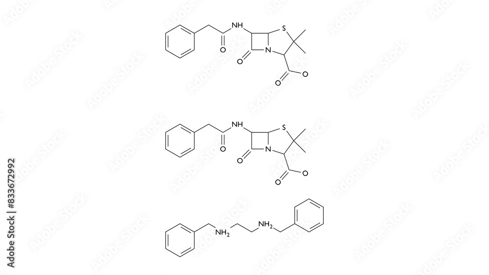 benzathine benzylpenicillin molecule, structural chemical formula, ball ...