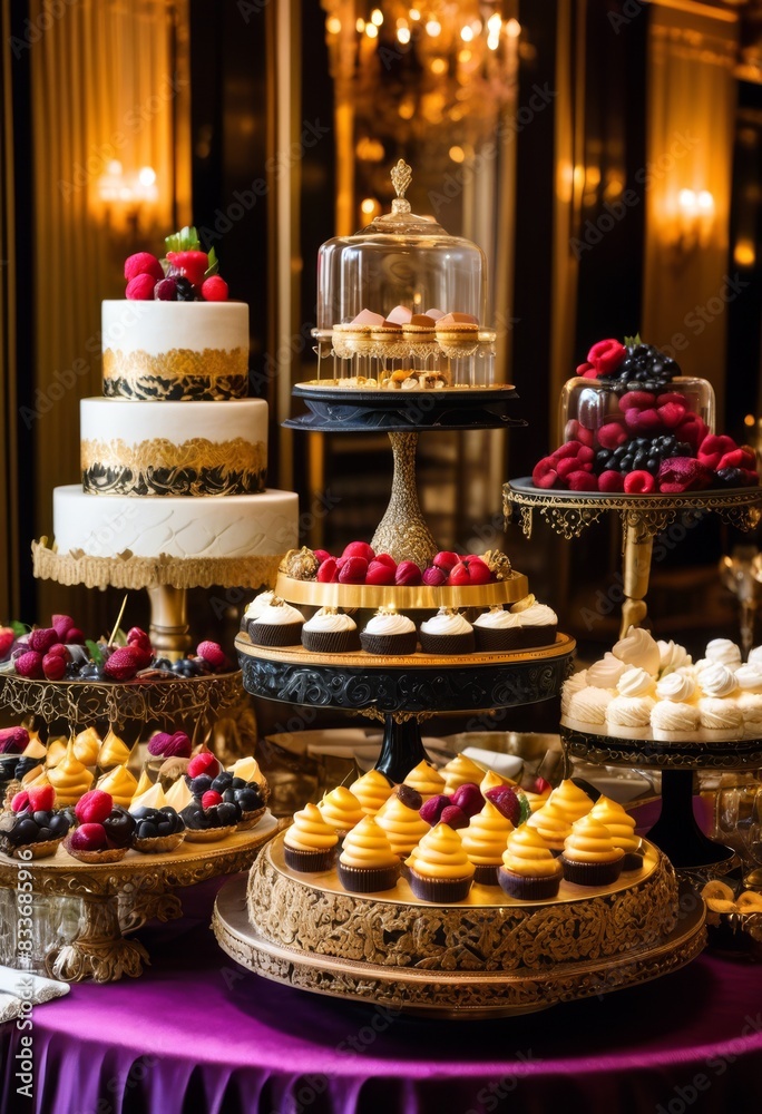elegant dessert table laden assorted pastries, beverages, refreshments, appetizers, finger, food ...