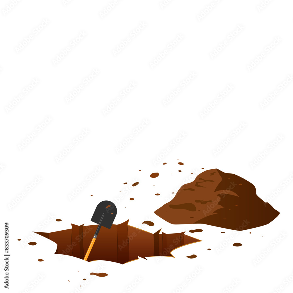 Digging a pit. Hole in ground with shovel and pile of soil. Vector ...