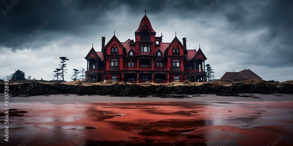 Gothic mansion near red ocean during tsunami with sinister lowangle ...