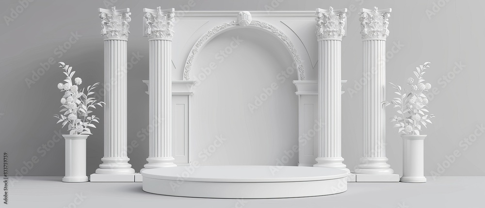 3D Roman/Greek podium for luxury product display. Elegant white marble ...