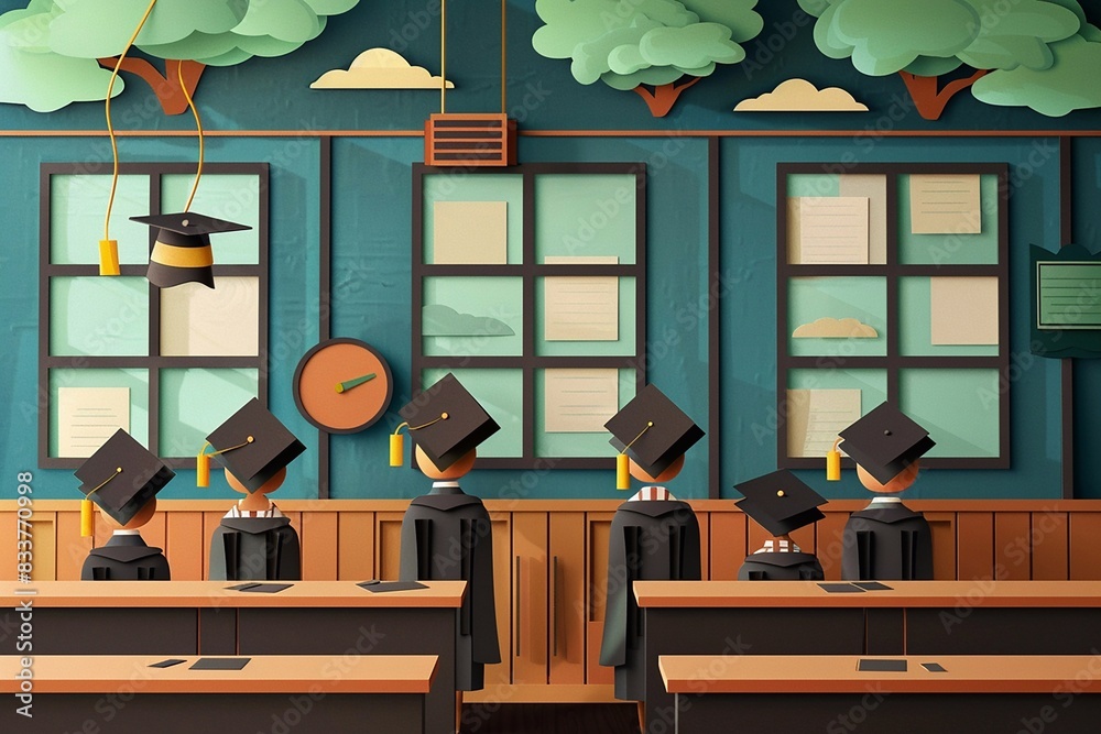 Vector paper cut illustration of graduation in a school classroom ...