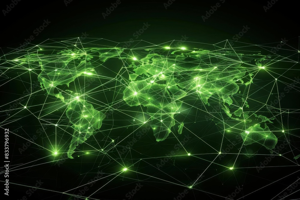 Technical world map with a mesh grid of green lines and bright dots ...