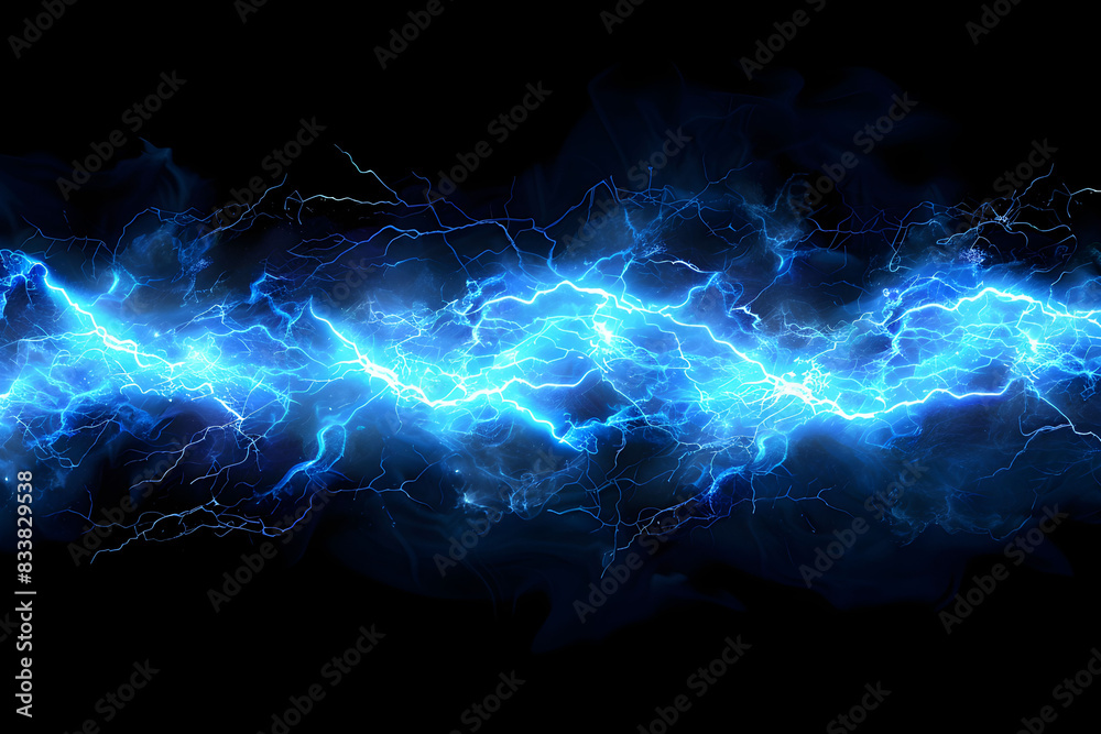 Blue lightning strikes on black background, creating a powerful and ...