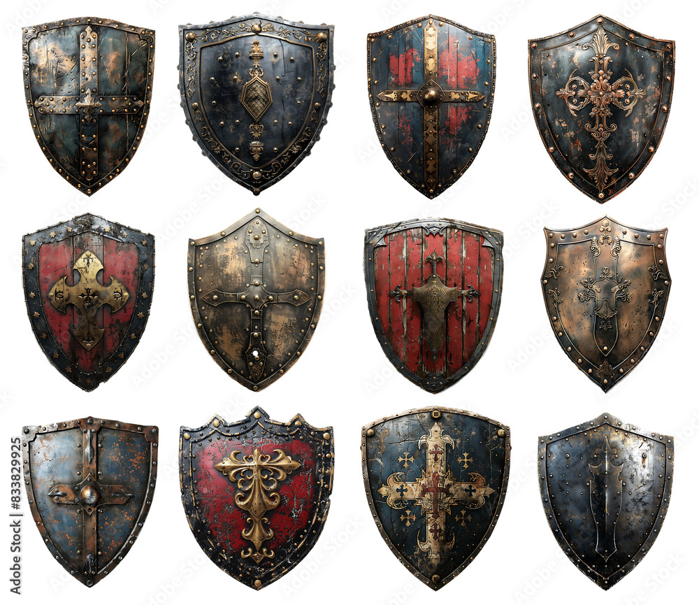 Different vintage retro medieval knight shields with heraldry next to ...