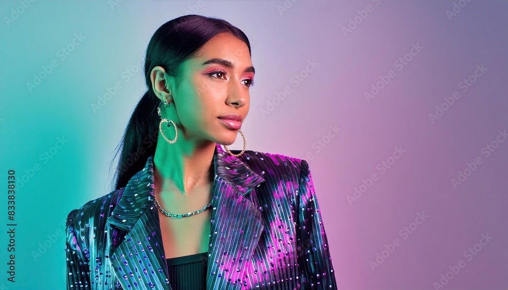 Fashion Surreal Concept. Futuristic woman girl in neon light dotted ...