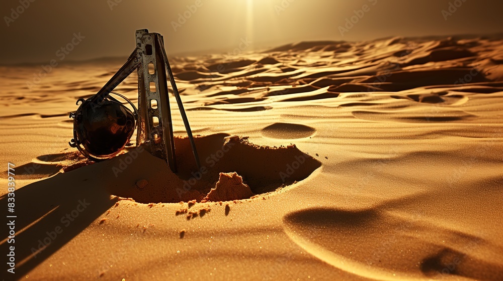 Sunset view in the desert, oil exploration tools and equipment, oil ...