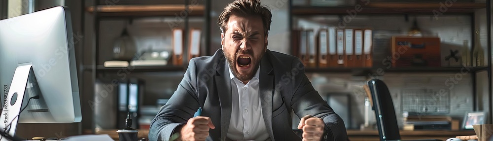 The image prompt depicts a businessman expressing frustration and anger ...