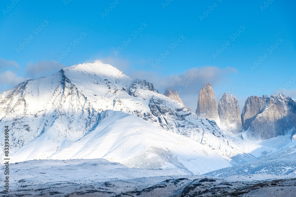 Torres del Paine National Park, Patagonia, Chile; Panoramic view of sun ...
