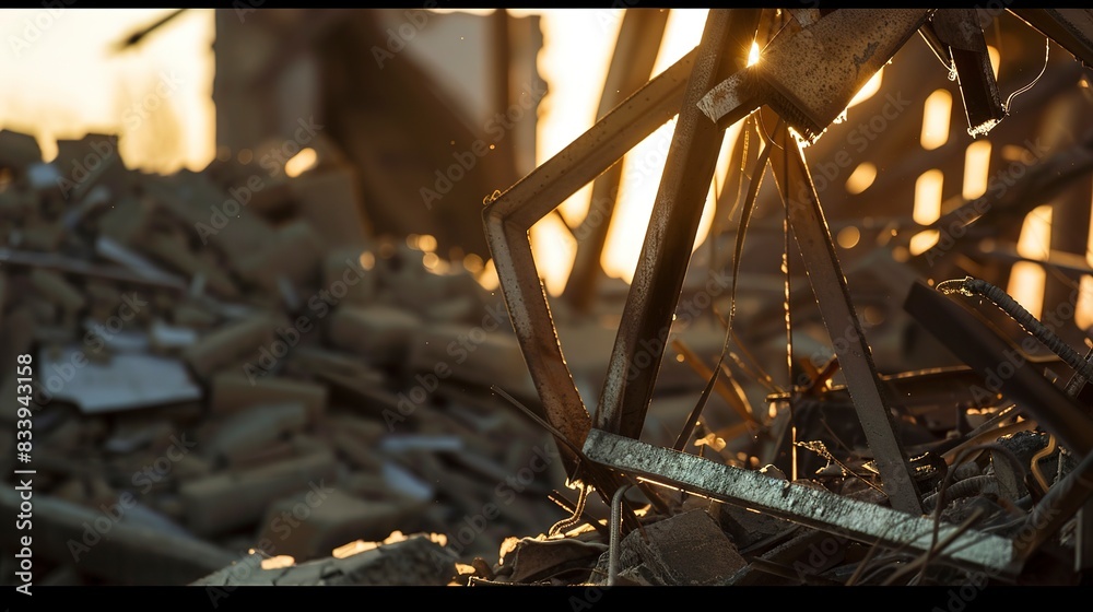 Construction site debris close-up, sharp details of broken materials ...