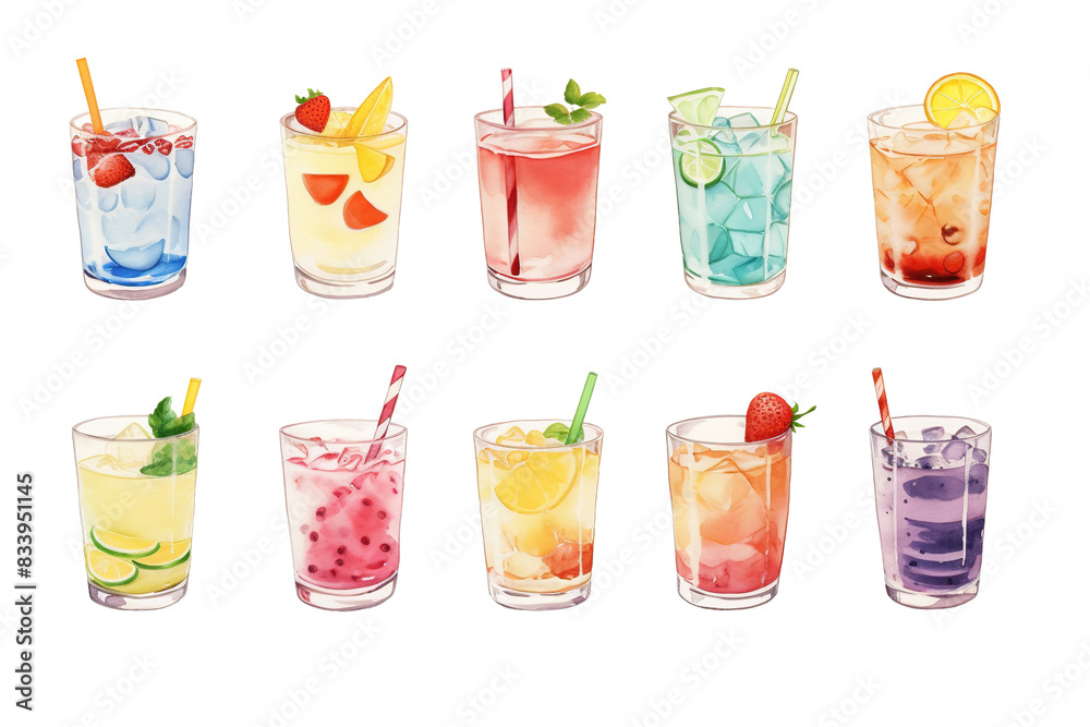 various mocktail fruit juice summer refreshing drink watercolor cartoon ...