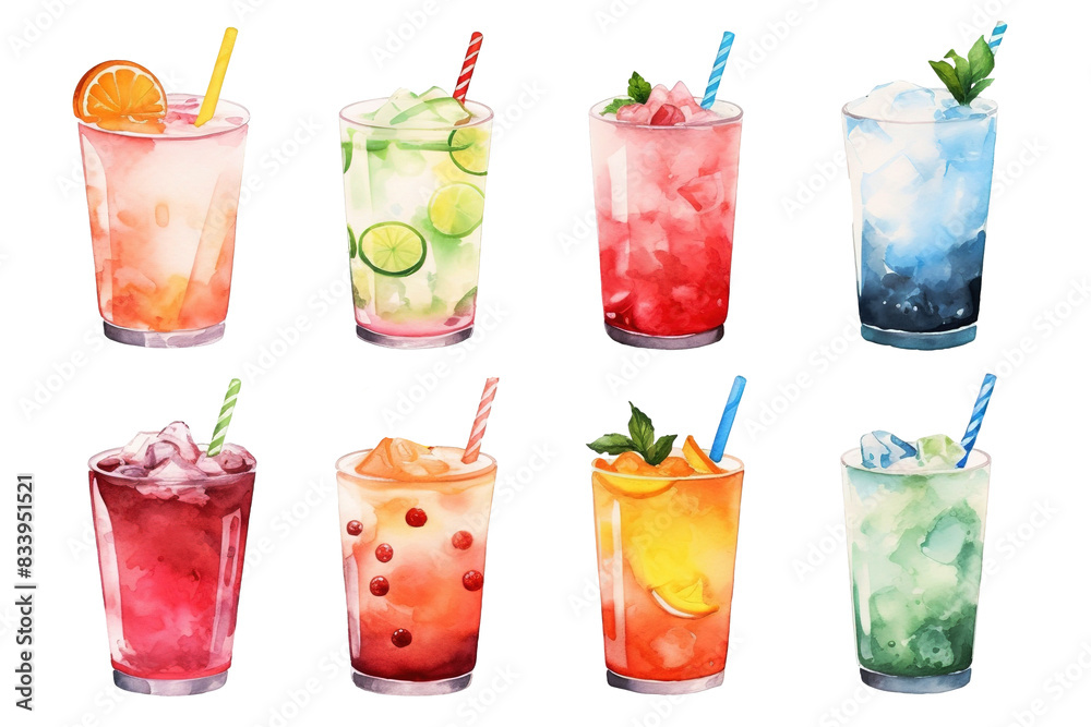 various mocktail fruit juice summer refreshing drink watercolor cartoon ...