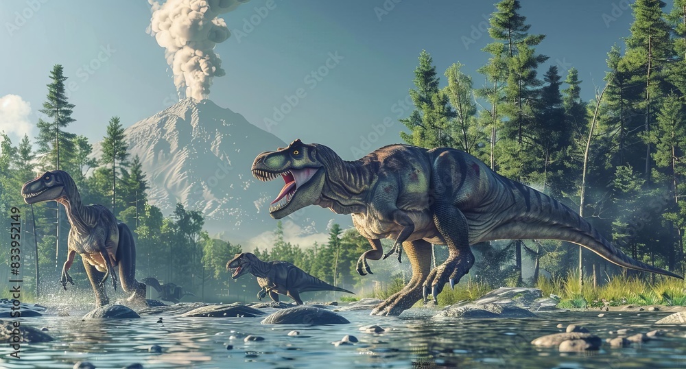 Realistic depiction of dinosaurs in a prehistoric landscape with ...
