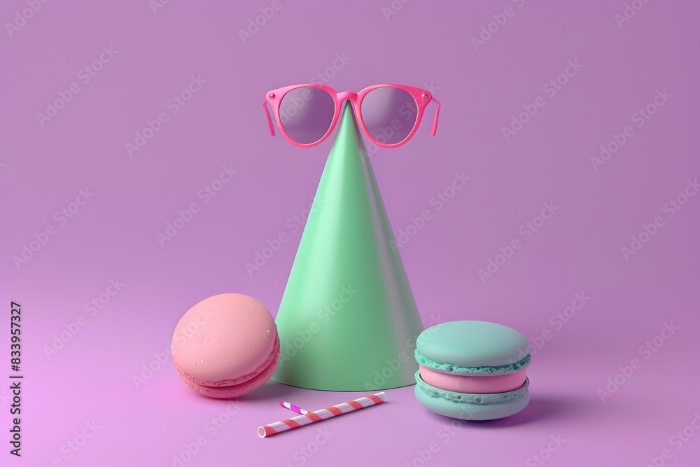 3D isometric minimal cute party hat in the style of pastel colors, pink ...