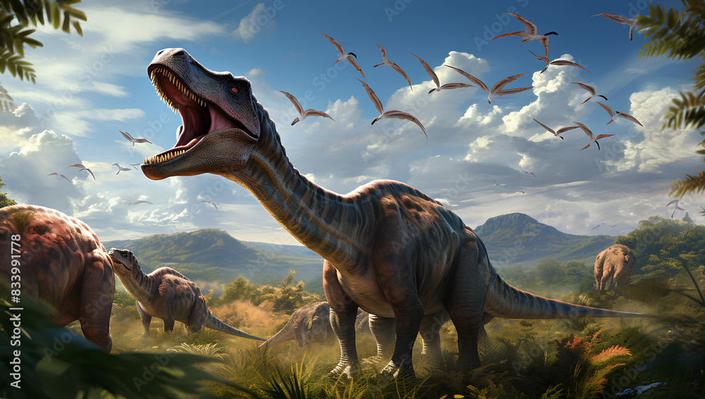 Dinosaurs in the Triassic period age in the green grass land and blue ...