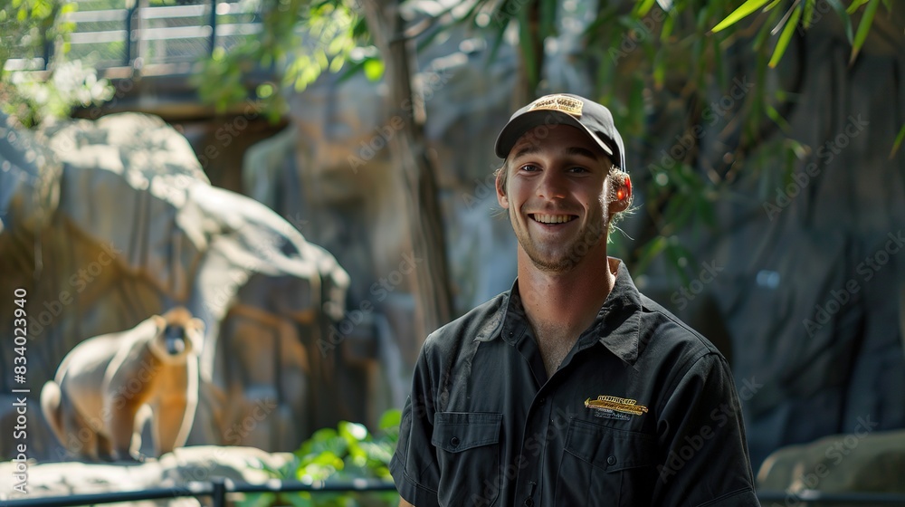 happy hispanic Zookeeper man working at zoo smiling and looking at ...