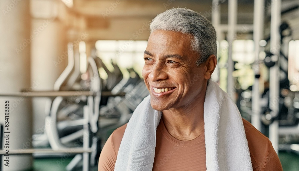 Joyful happy older mature fit senior man smiles as he rests from ...