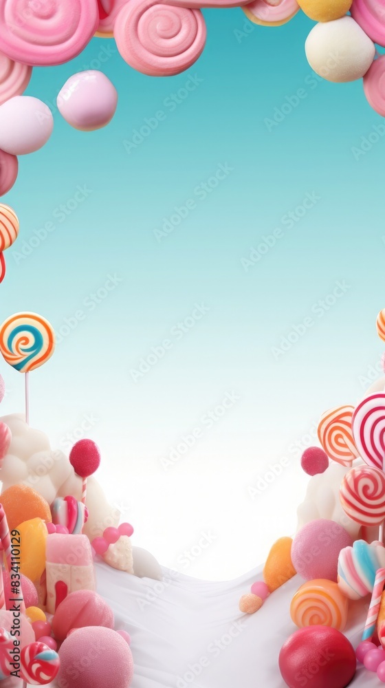 frame from candy on a pink, white background. lollipop, caramel and ...