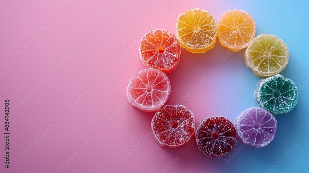 vibrant gummy candies arranged in a circle on a colorful background ...