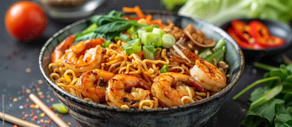 Shrimp mee goreng campur noodles in a bowl Stock Photo | Adobe Stock