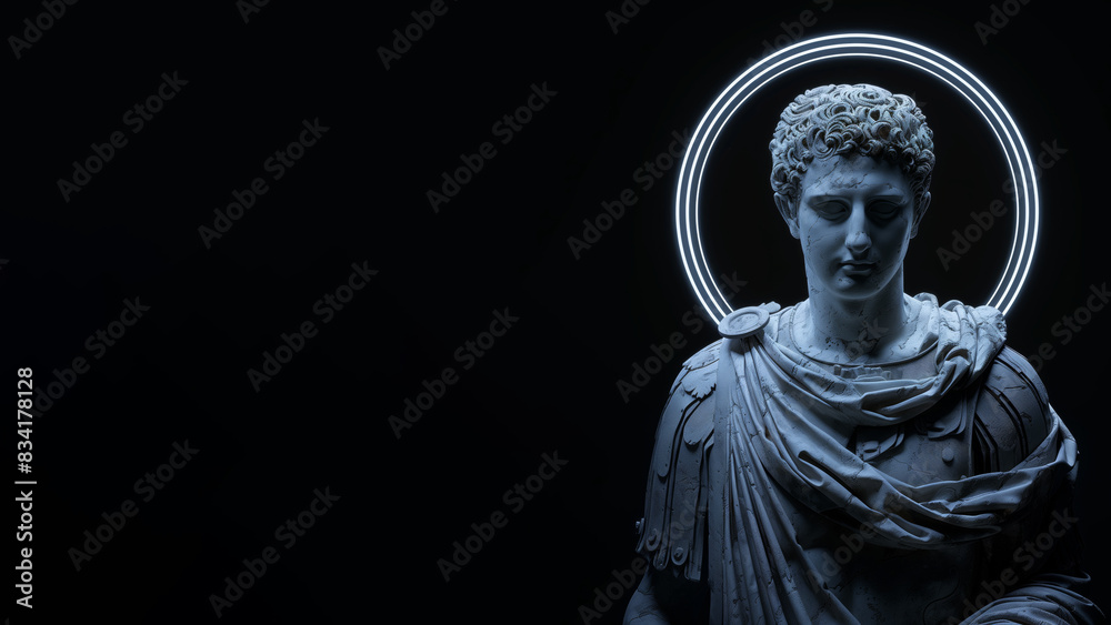 Ancient Roman Emperor's Marble statue, bust with a Neon Halo on black background with copy space ...