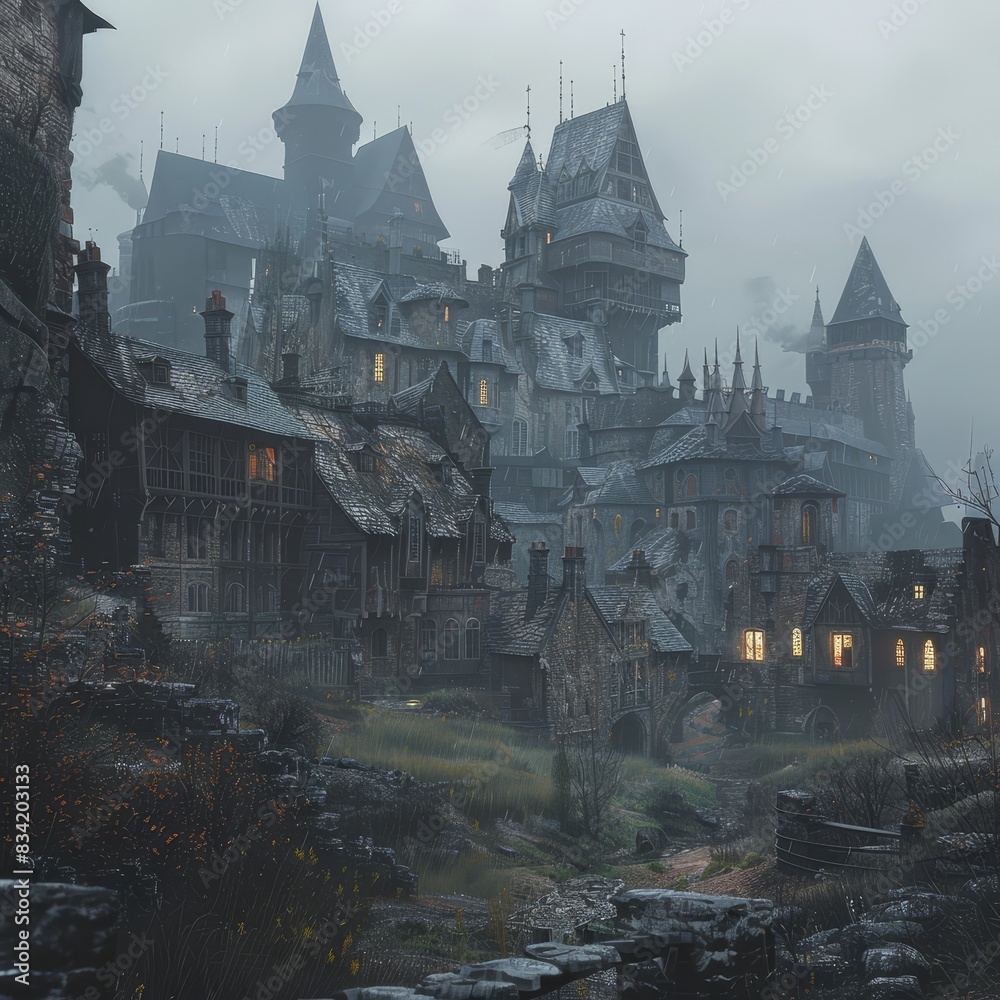 Misty medieval village with towering castle under gloomy skies at dusk ...