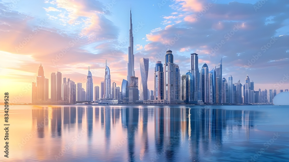Dubai skyline with sunset day sunrise. Modern luxury architecture ...