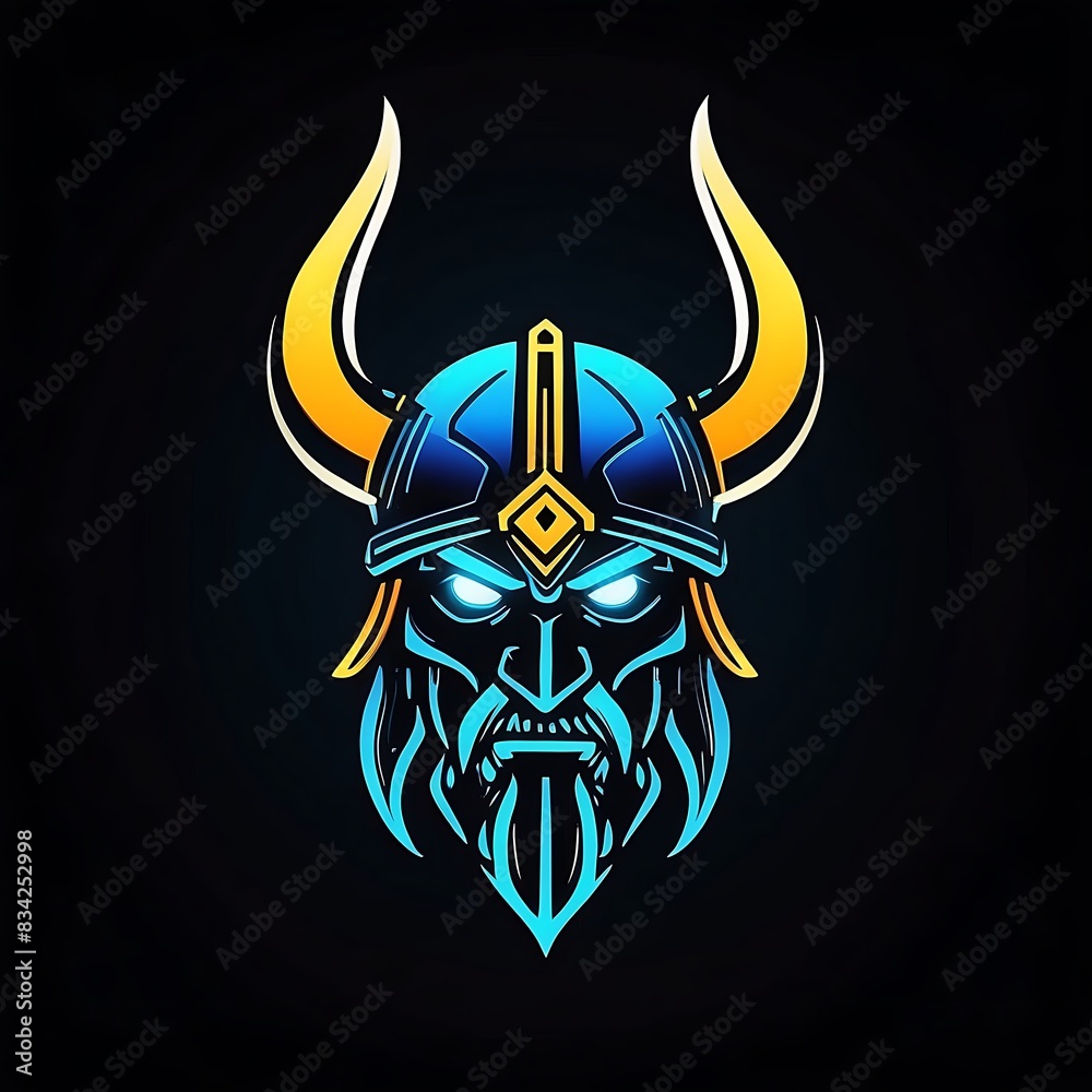 Beautiful linear illustration with shiny blue neon viking head isolated ...