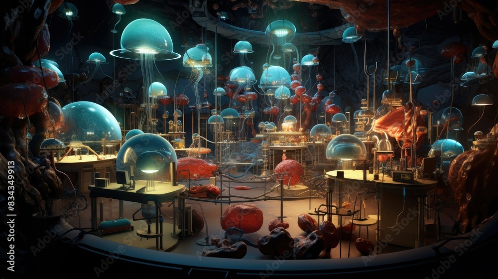 Photograph of a microscopic view of a bustling cell biology lab with ...