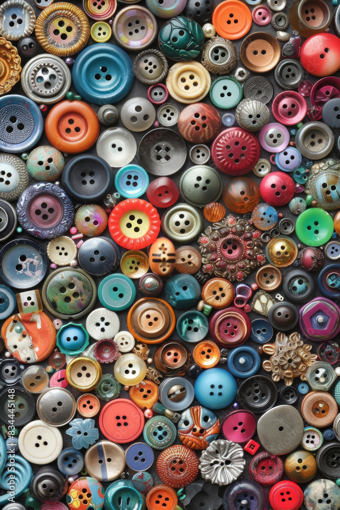 A densely packed collection of buttons in various shapes, sizes, and ...