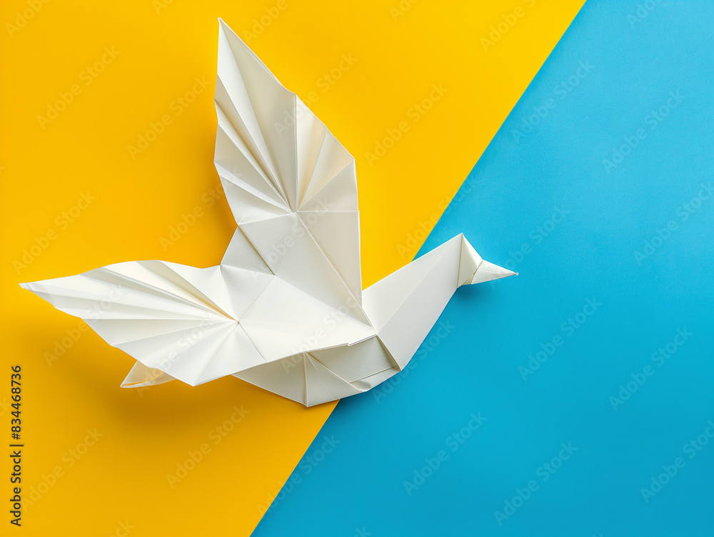 Bird as a symbol of peace, dove of peace. Blue and yellow background ...