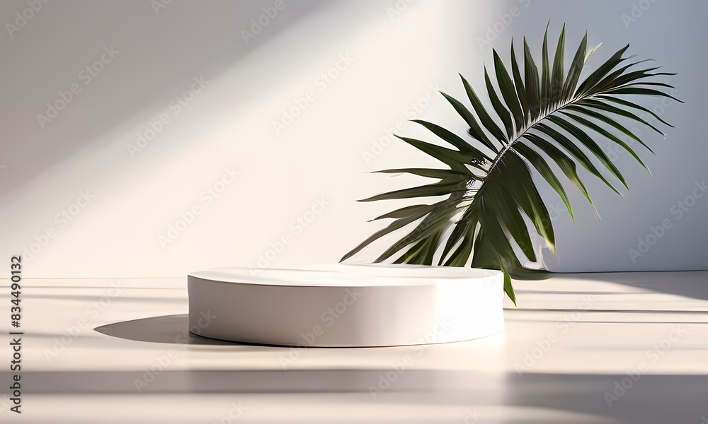 White stone podium tactile texture diverging shadows of palm leaves ...