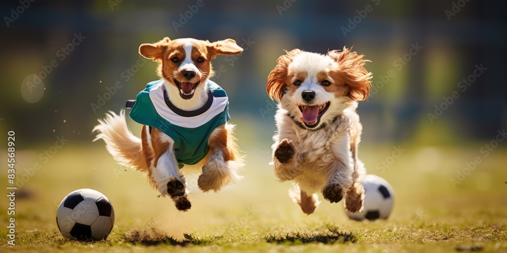 sport banner, defocus. Two happy dogs playing soccer outdoors Concept ...
