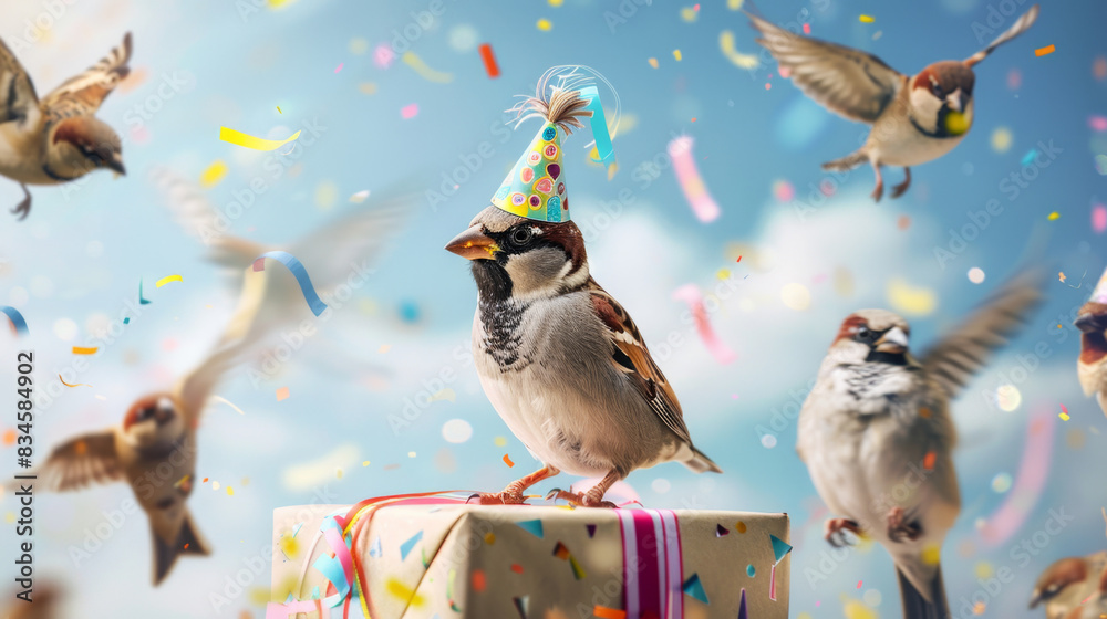 Sparrows wearing party hats and surrounded by confetti, celebrating ...