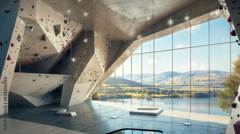 top view, a big modern climbing center gym, concret facade, hiking ...