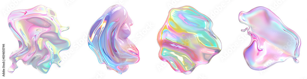 Set of 3D Iridescent holographic fluid shape blob with colorful pastel gradients elements design ...