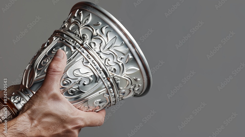 Hand gripping a trophy with detailed engravings Top view Highlights ...