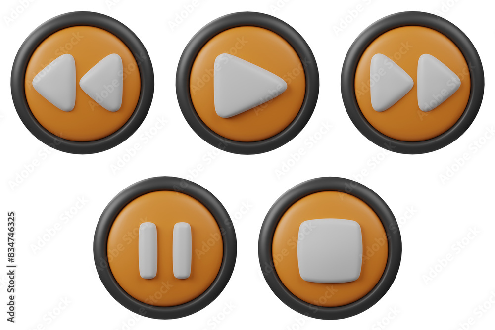 3D Set Button Icon Play, Pause, and Stop with Orange Color and Black ...