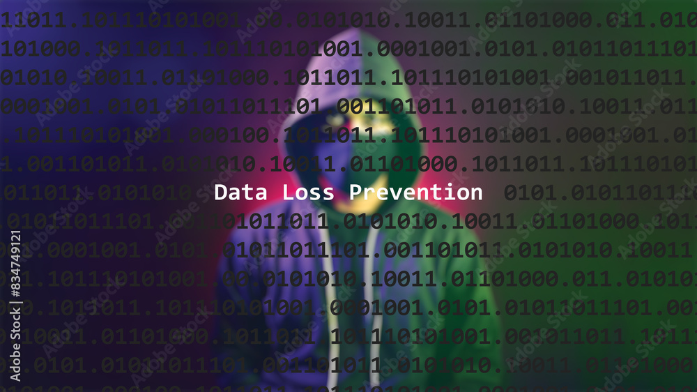 Cyber attack data loss prevention text in foreground screen, anonymous hacker hidden with hoodie ...