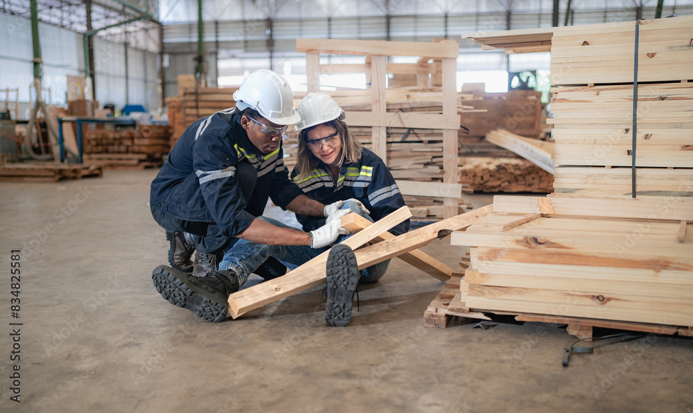 Female foreman injured at leg from accident crying with pain in pallet ...
