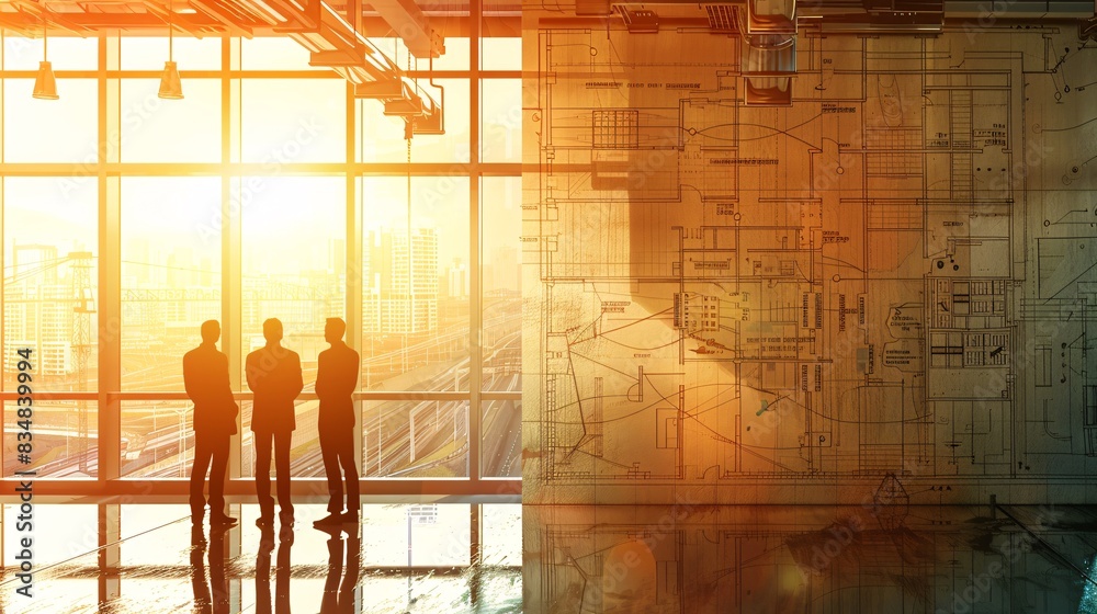 Large blueprint showing megaproject plan on a wall, engineers in ...