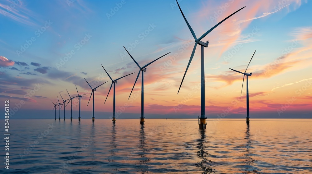 An offshore wind farm with massive turbines towers over a calm ocean at ...