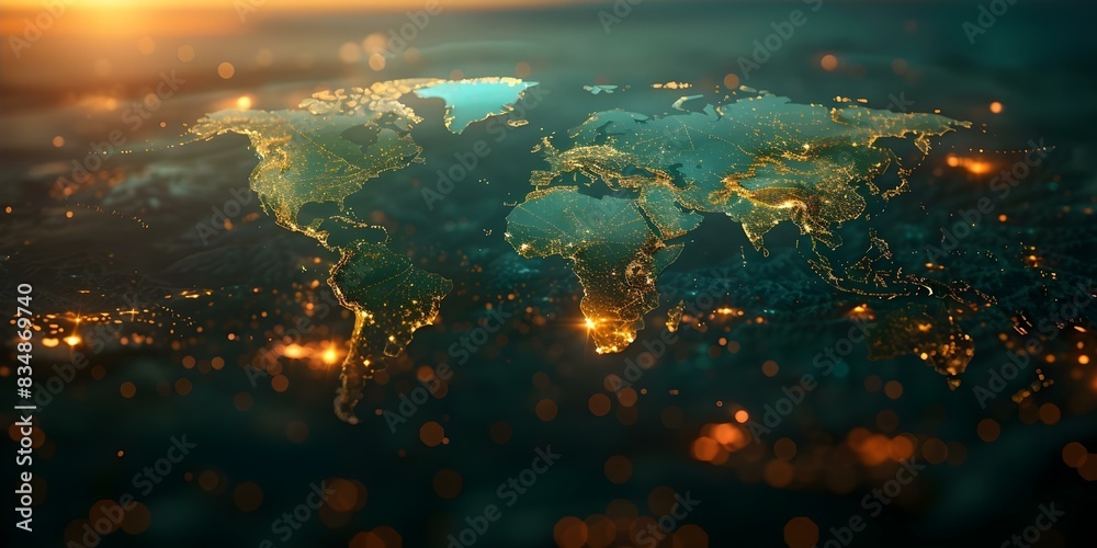 Glowing world map showing continents impacted by climate change ...